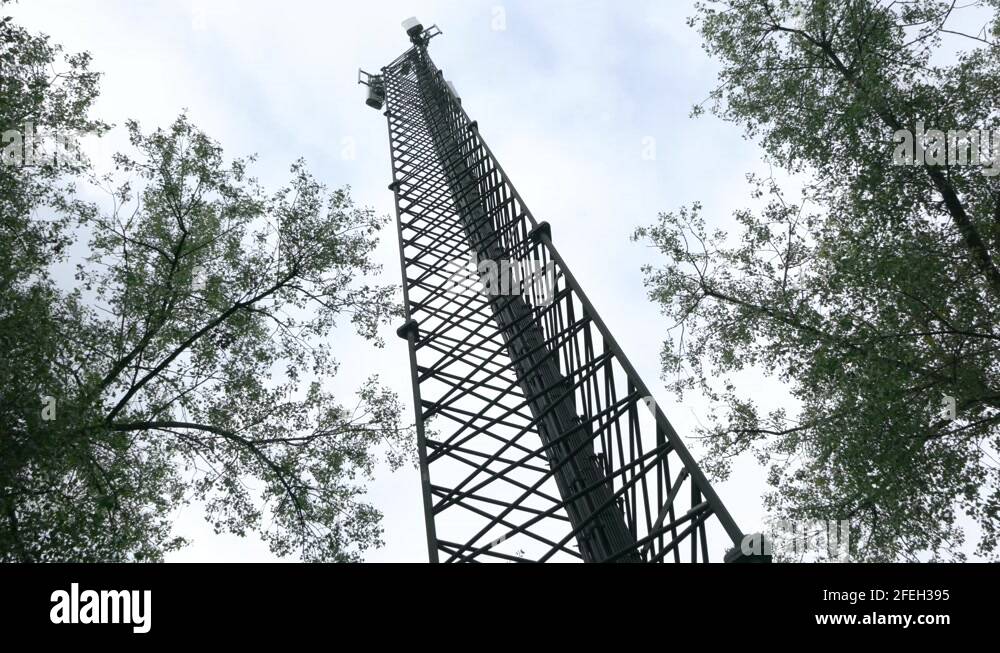 Telecommunication tower show from below antennas mast 5g 4g 3g in ...