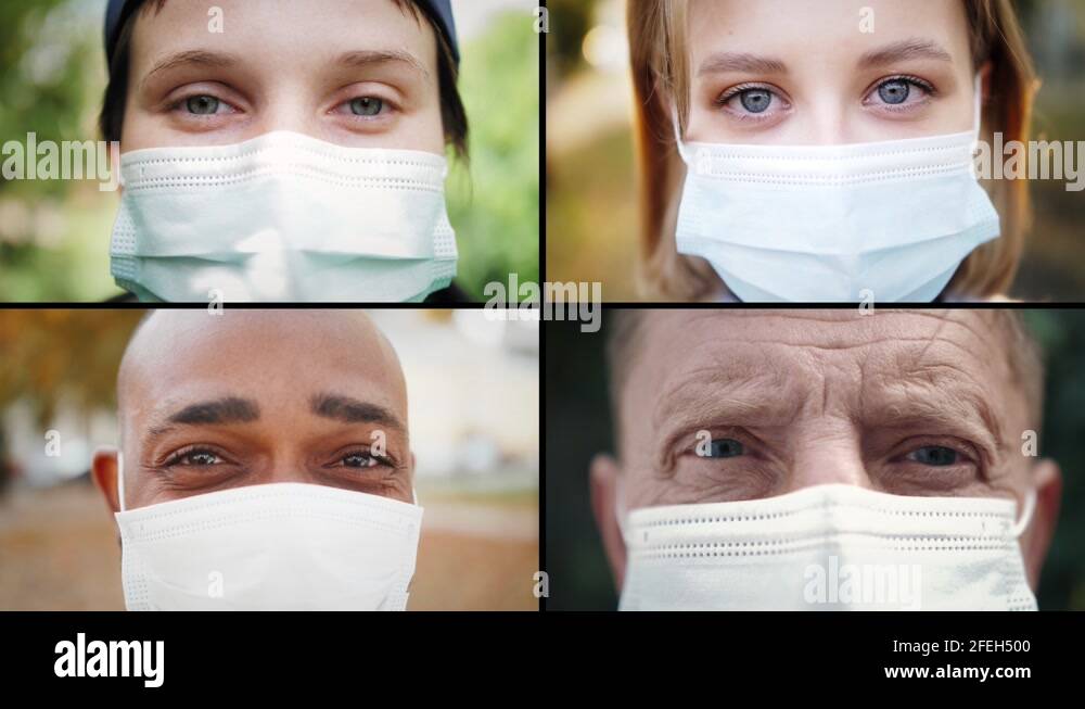 Collage of diverse faces people in protective face masks. People of ...