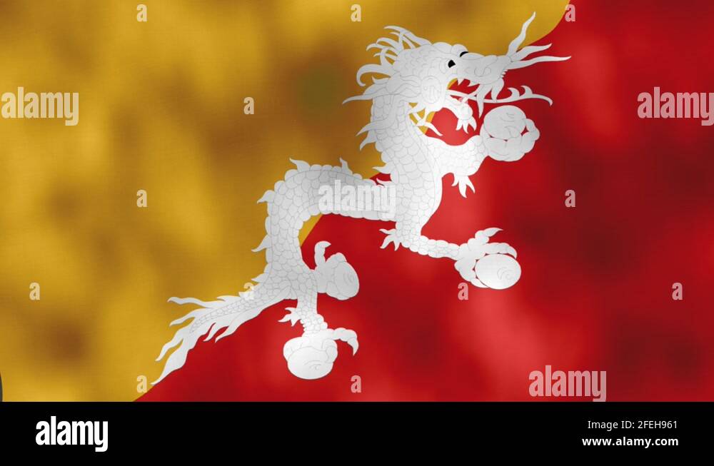 Close up animation of national flag of Bhutan, waving in full screen ...
