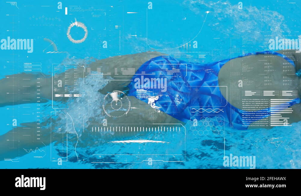 Digital interface with data processing against female swimmer swimming ...
