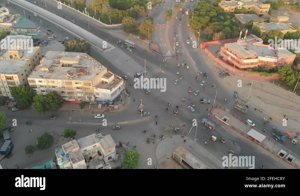 Aerial Over Busy Intersection At Numaish Chowrangi Overpass In Karachi ...