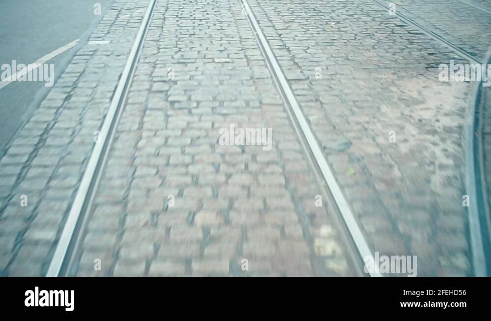 Intersections and road junctions of tram lines in an old European city ...