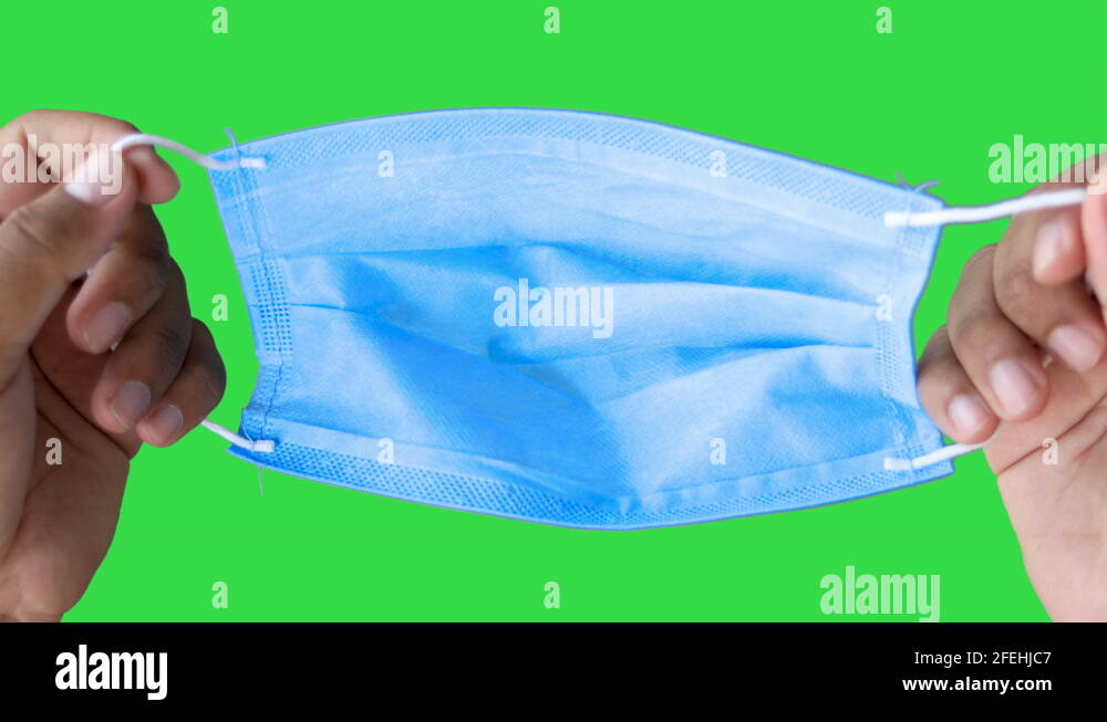 Man holds and wears blue surgical mask against green screen chroma key ...