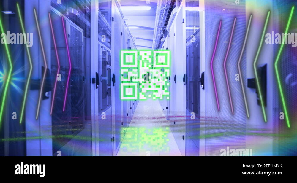 QR code scanner with neon elements against empty server room Stock Video Footage - Alamy