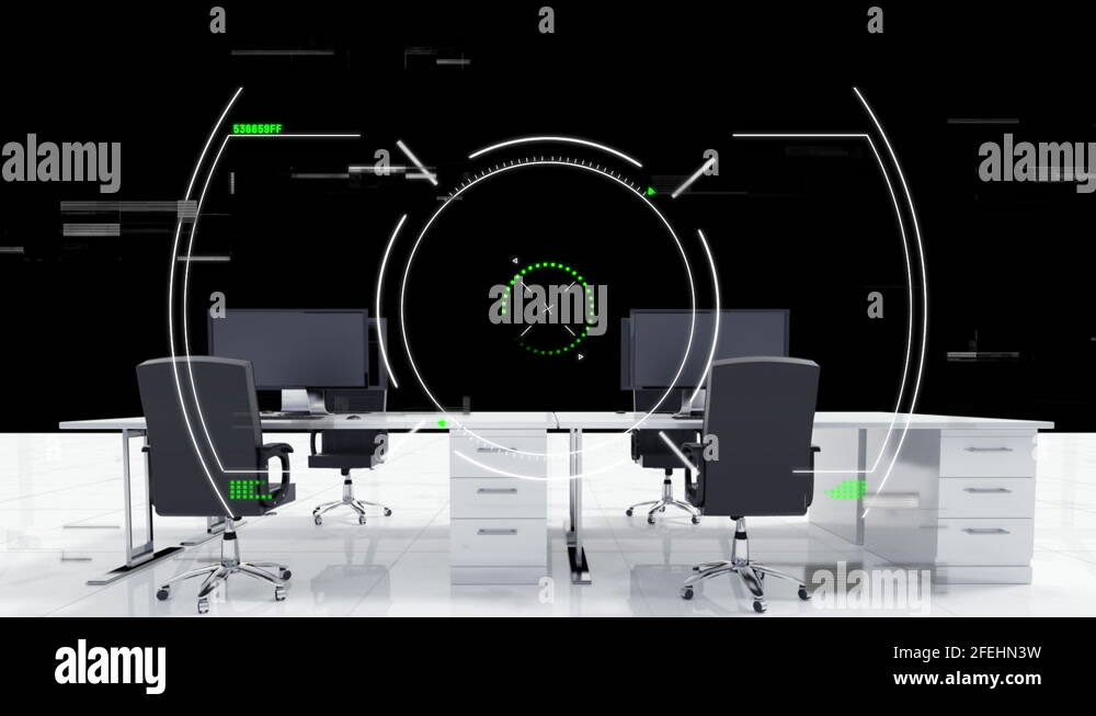 Scope scanning and static effect over office desk against black ...