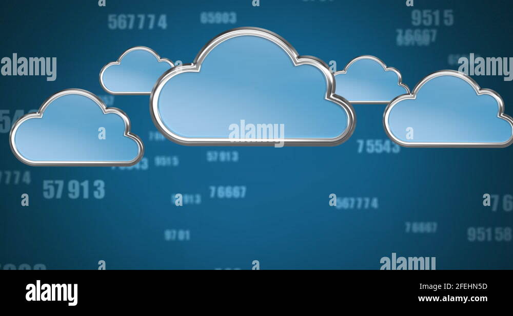 Multiple clouds icons and changing numbers against blue background ...