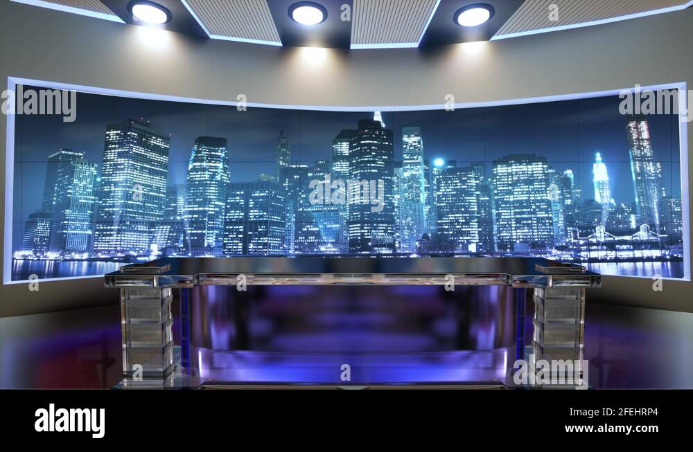 3d virtual news studio. Announcer Table with night city background and ...