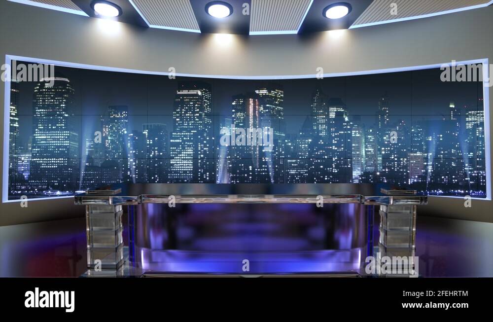 3d virtual news studio. Announcer Table with night city background and ...