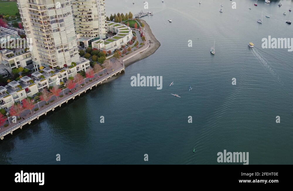Top down view of running track in Vancouver downtown with red and green ...