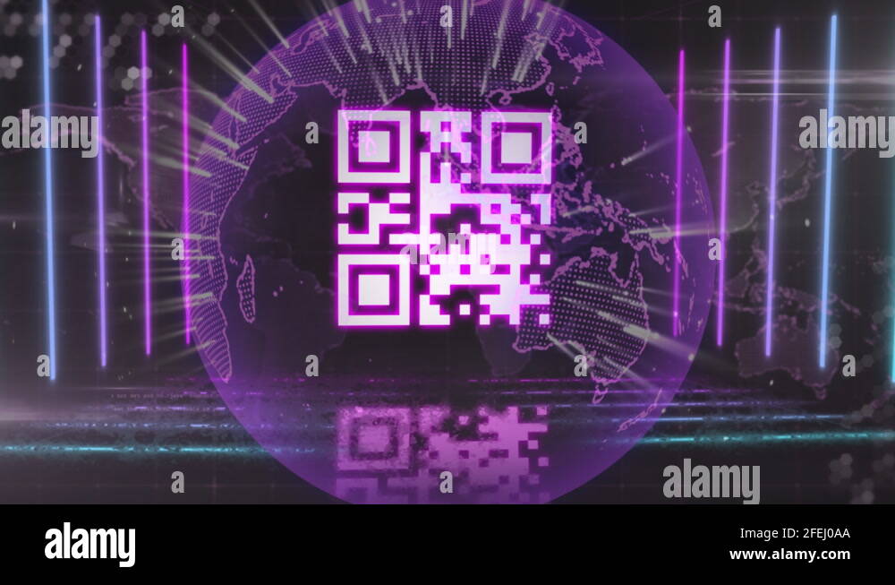 QR code scanner with neon elements against spinning globe and world map ...