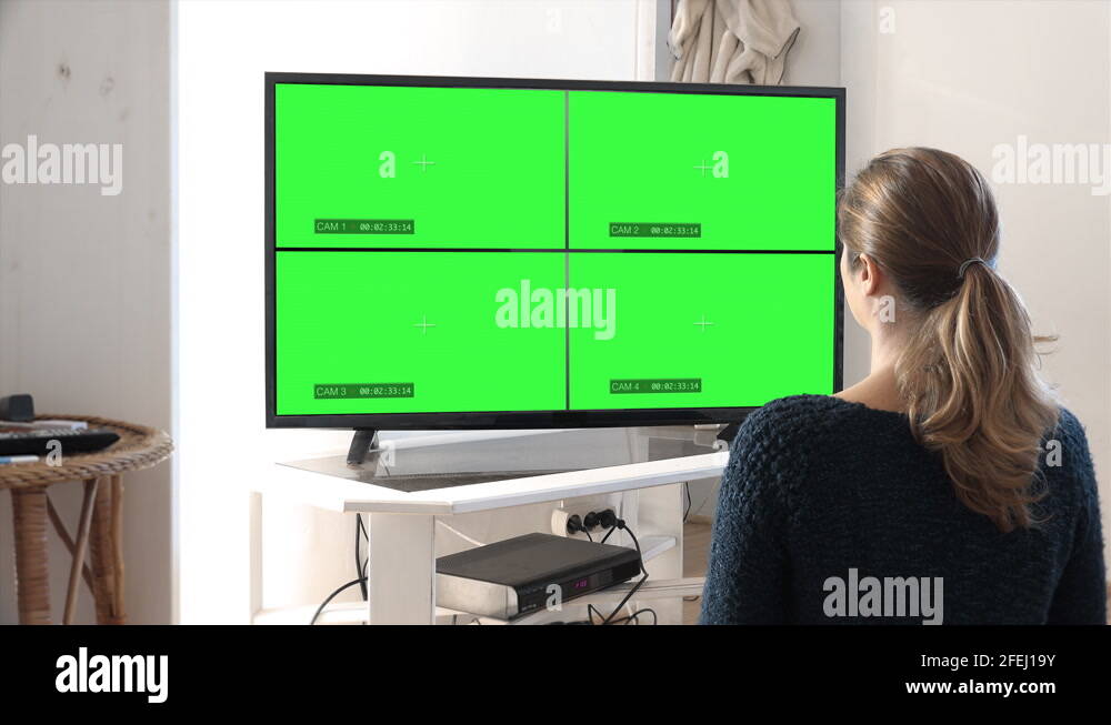 Isolated Woman Watching Surveillance Cameras Green Screen Monitor Stock ...