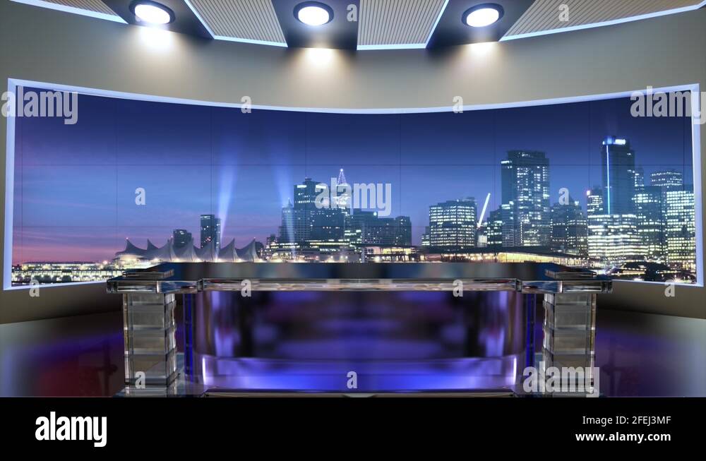 3d virtual news studio. Announcer Table with night city background and ...