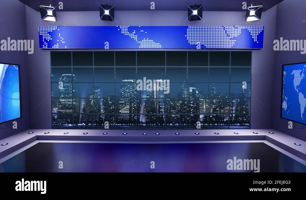 3d virtual news studio. Announcer Table with night city background and ...