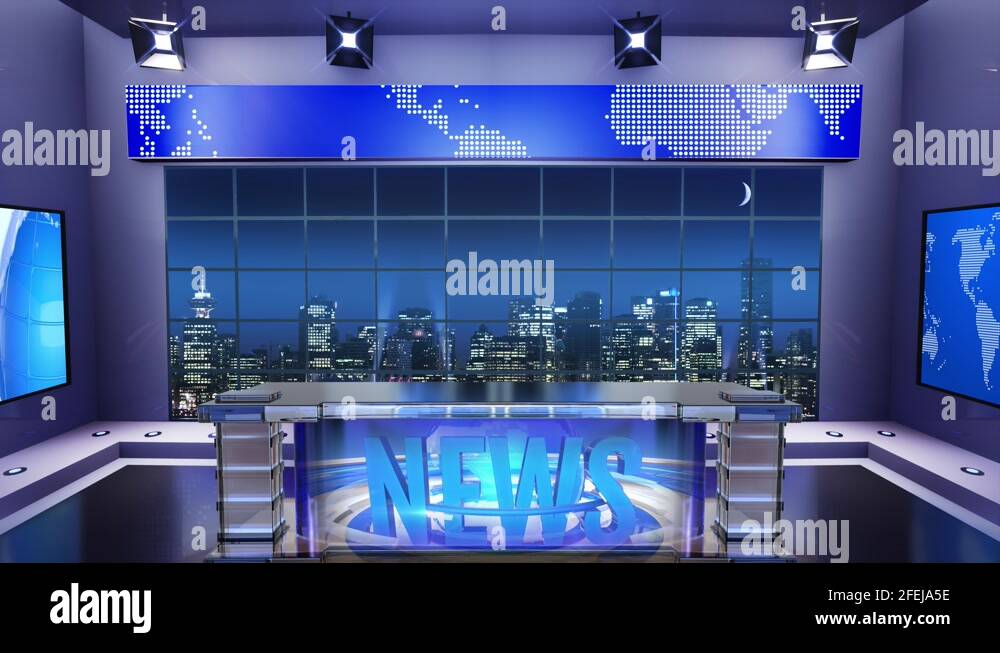 3d virtual news studio. Announcer Table with night city background and ...