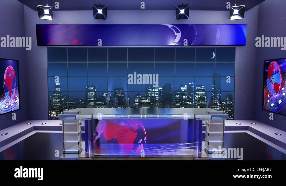 3d virtual news studio. Announcer Table with night city background and ...