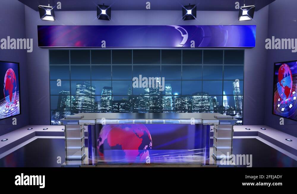 3d virtual news studio. Announcer Table with night city background and ...