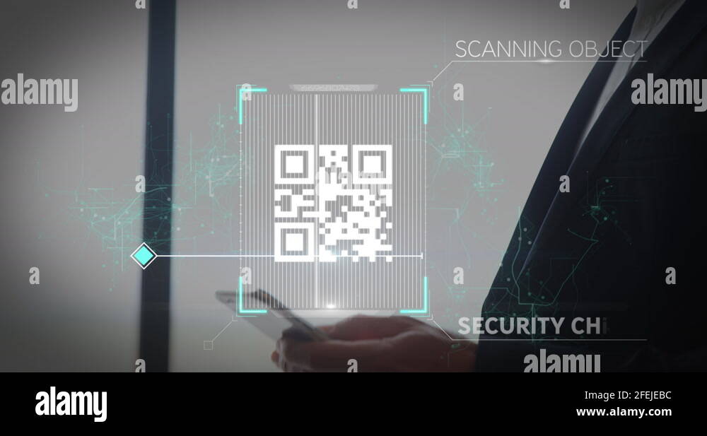 Animation of white QR code scanning with blue web of connection over ...