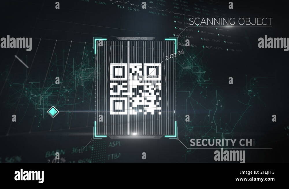 White QR code scanning over statistics and graphs rolling on black ...
