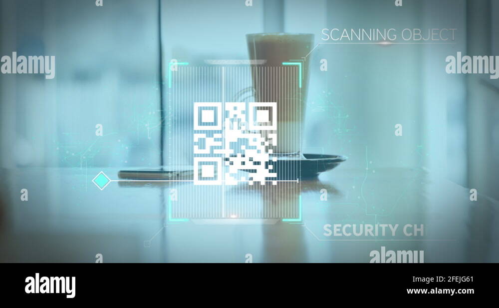 Animation of a white QR code scanning over a cup of caffe latte ...