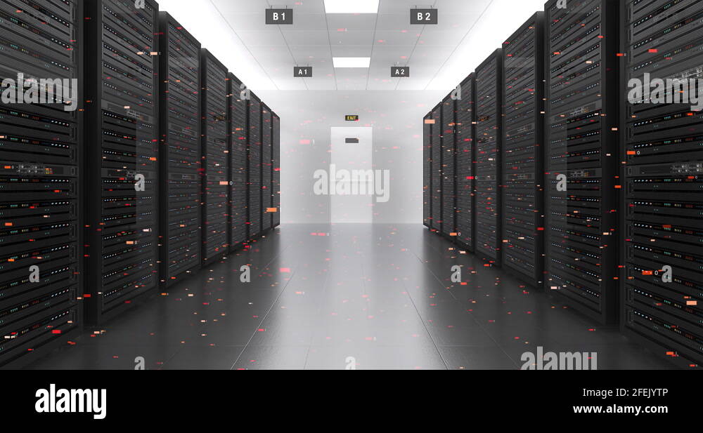 Server Racks In a Modern Data Center. Camera Slowly Moving Forward ...