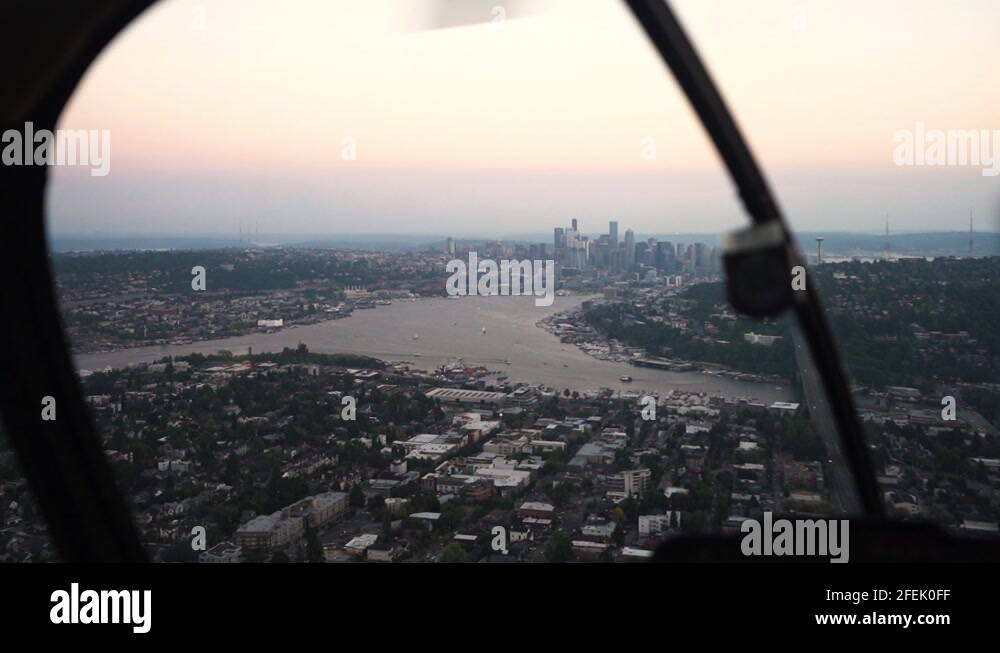 Flying in Helicopter Above Seattle, USA. Cityscape Cockpit View ...