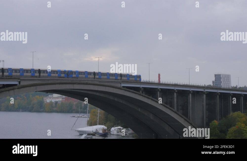 Famous bridge Tranebergsbron in Stockholm view from a distance. Subways ...