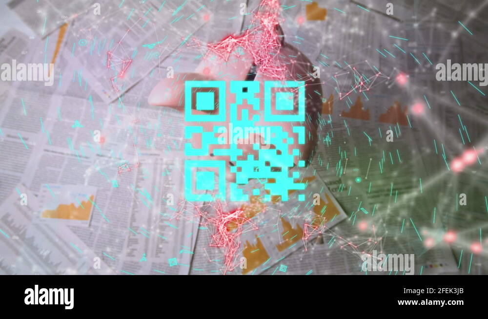 Animation of blue QR code with web connection over pink piggy bank ...