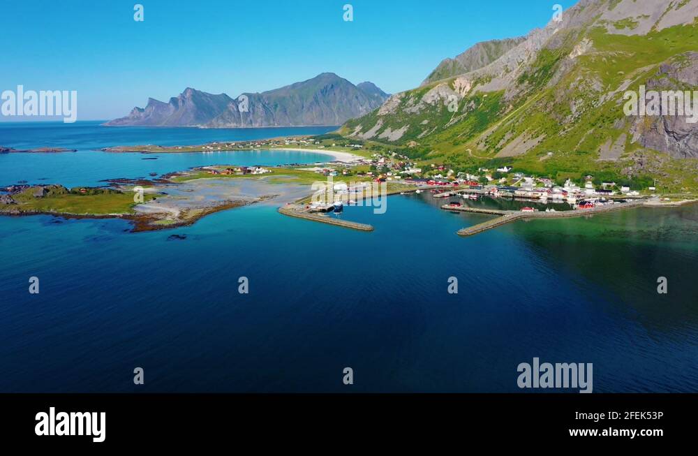 Aerial view of the Ramberg village in the Lofoten islands, sunny ...