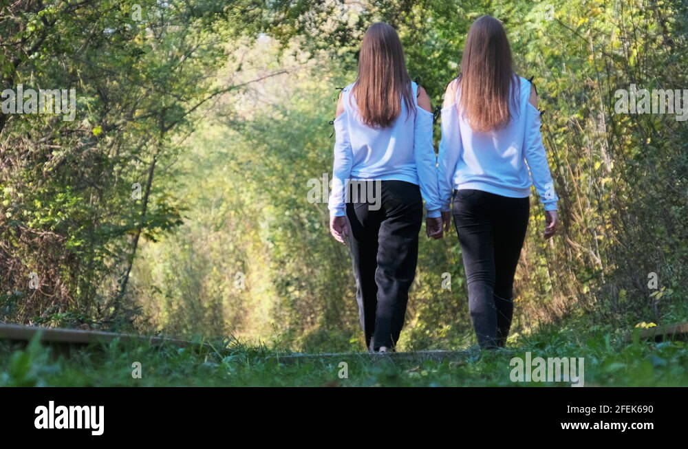 Twins Girls Holding Hands Walking Along Railroad Tracks. Back view ...