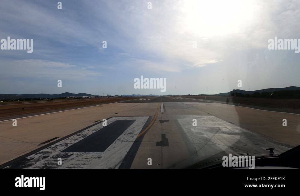 Pov cockpit view of Airplane at Runway ready for take off.Driving with ...