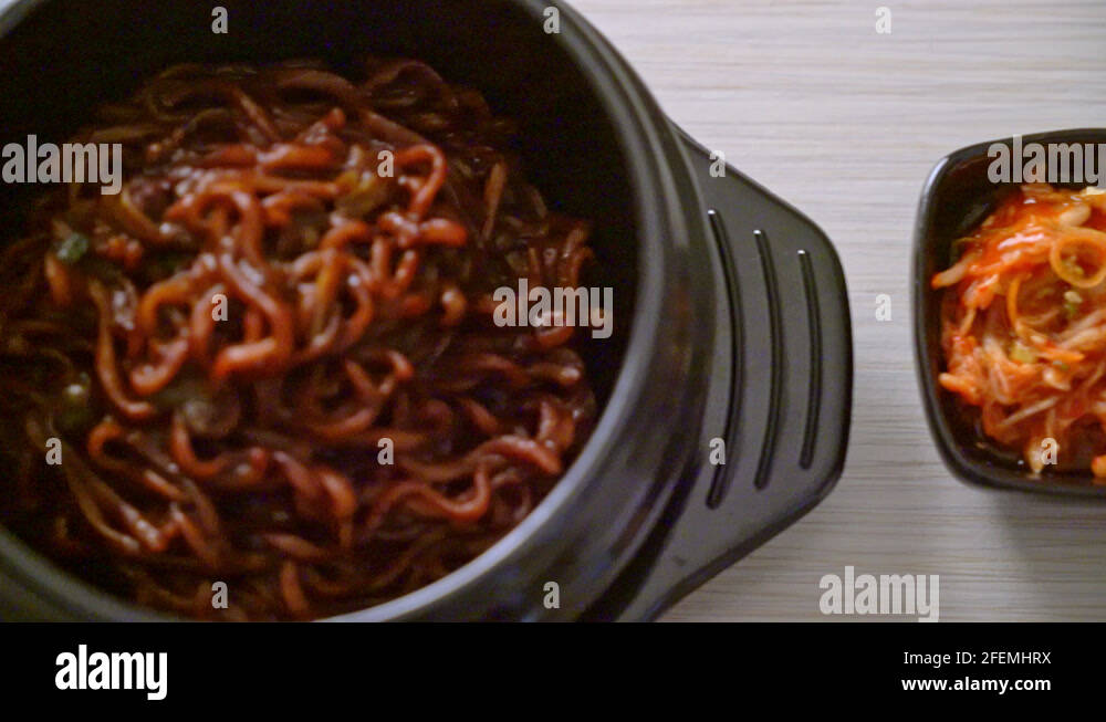 Korean black spaghetti or instant noodle with roasted chajung soybean ...