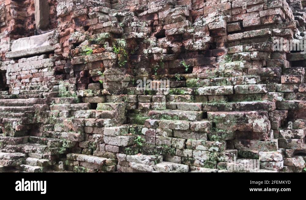 Detail tilt up ancient stone brick tower at Prasat Preah Srei Temple ...