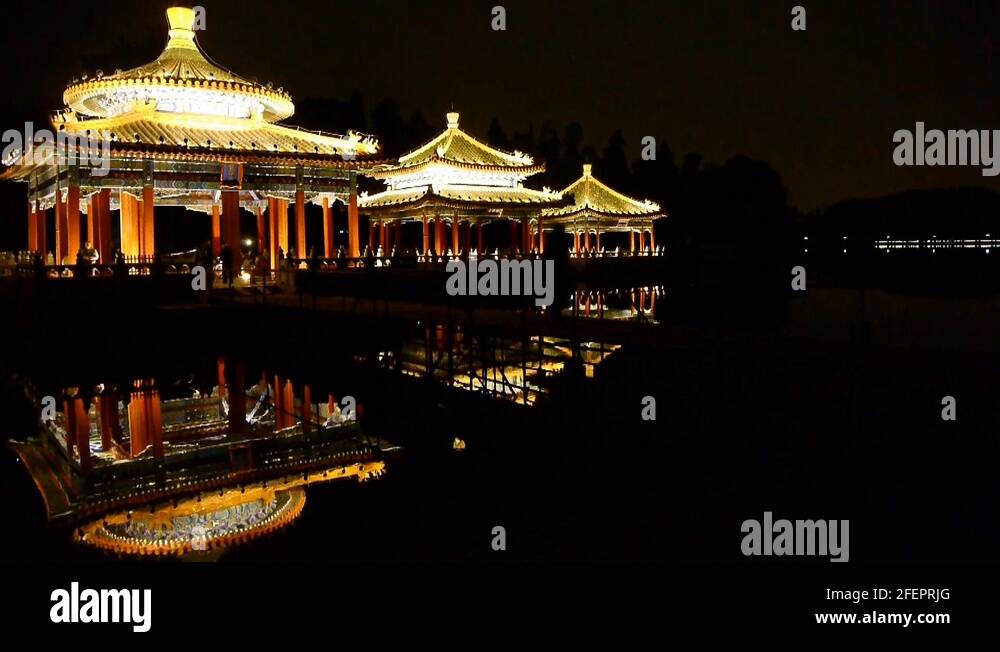 China Beijing ancient architecture pavilions reflection in pool water ...