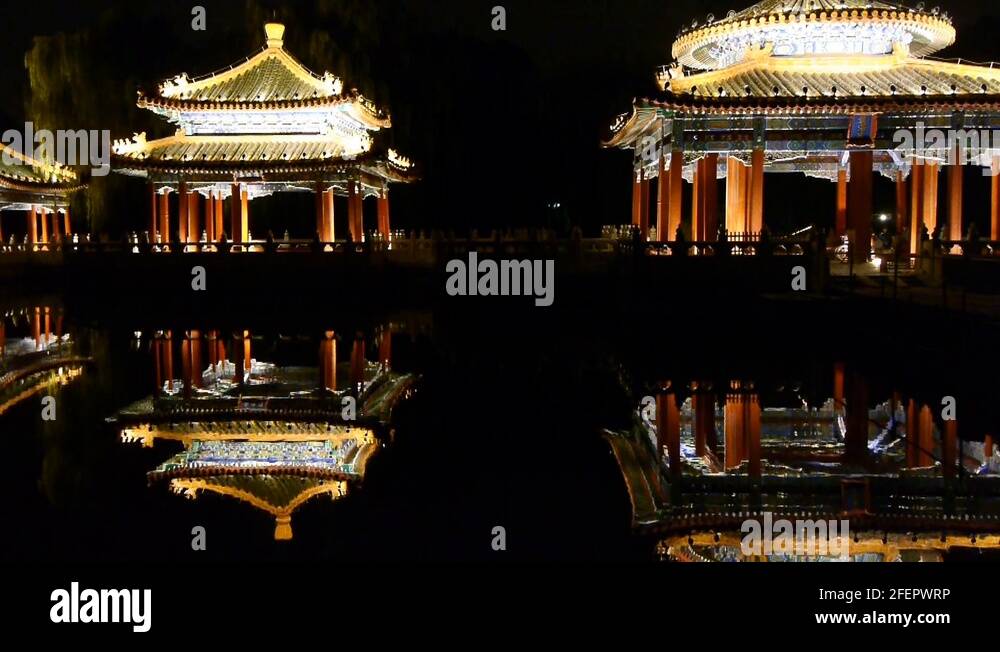 China Beijing ancient Chinese architecture pavilions reflection in pool ...