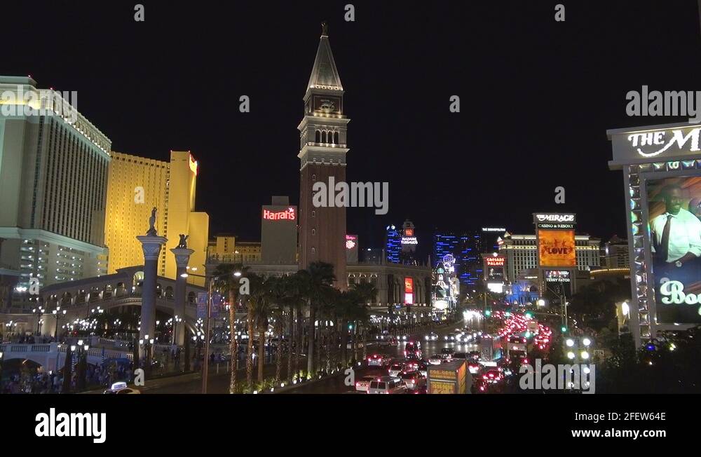The Venetian tower and traffic street by night, Las Vegas Strip, Nevada ...