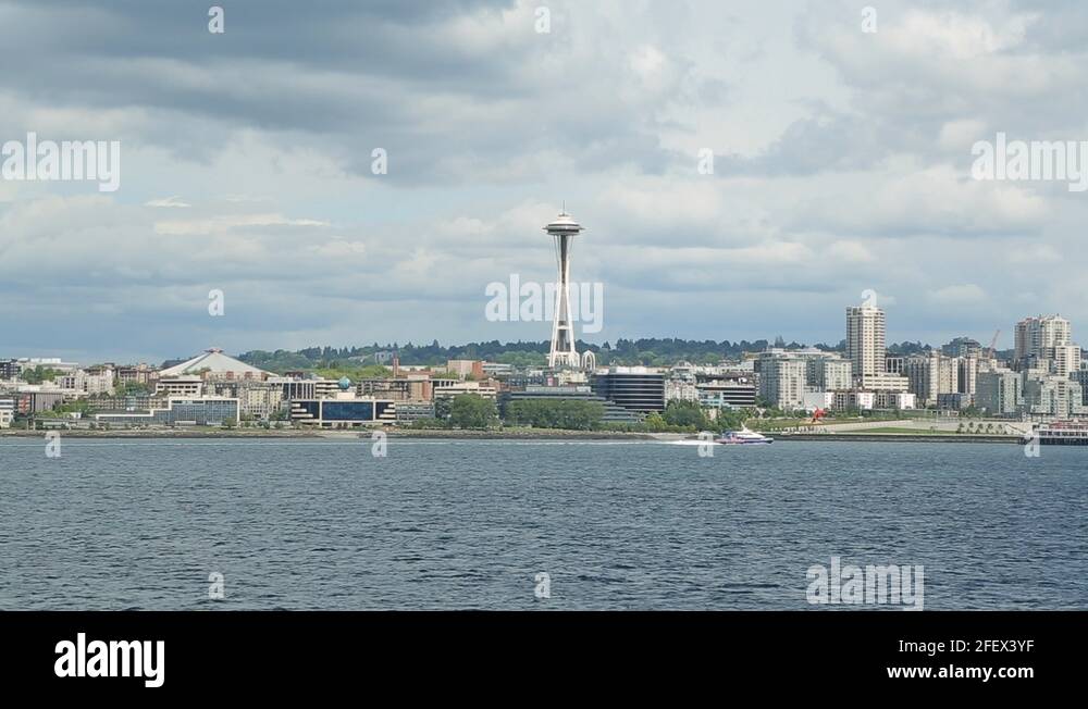 Seattle downtown city skyline buildings dolly from bay boat Stock Video ...