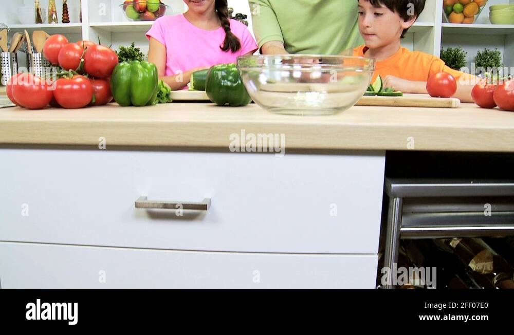 Healthy Caucasian Father Children Making Lunch Together Stock Video ...