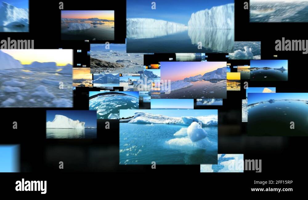 Montage of fly through images melting ice floating in moving water ...