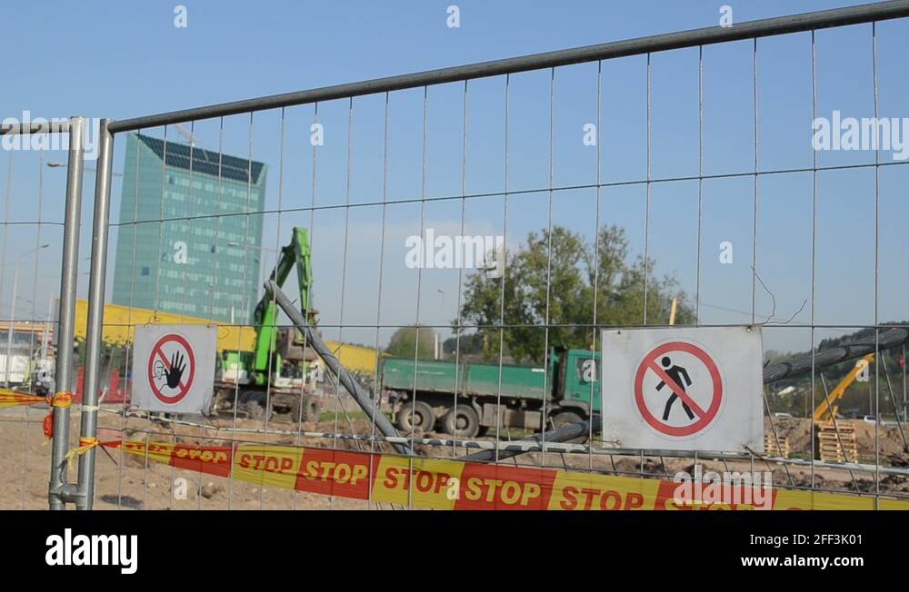 forbidden warning stop signs bar excavator dig dirt construction Stock ...