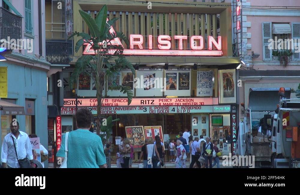Ariston theatre Sanremo San Remo building neon sign people walking ...