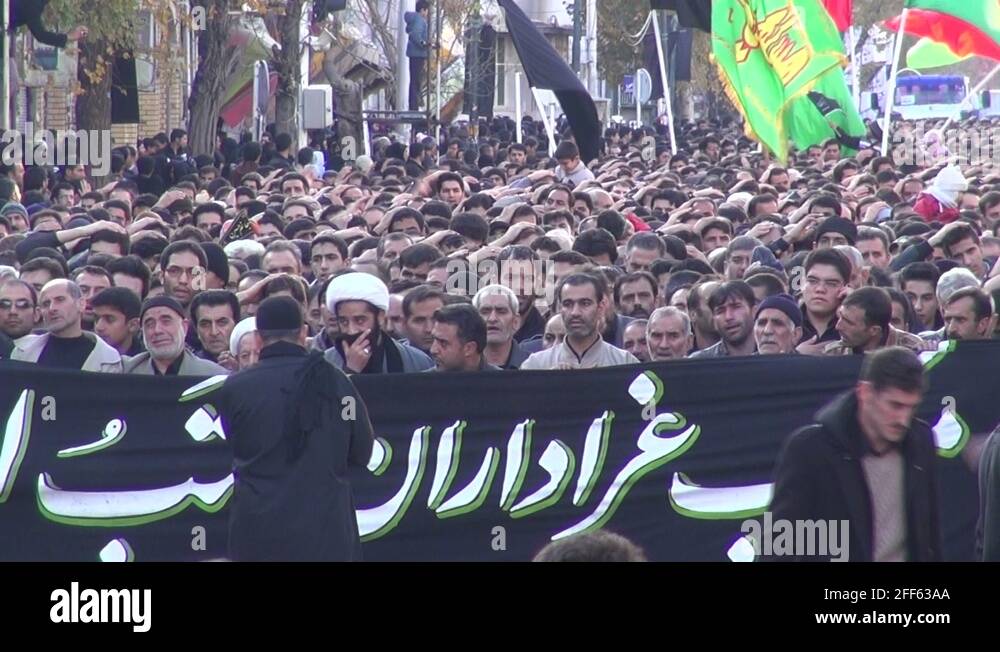 Iran, religious procession, crowd of Shia muslim men, Ashura, Muharram ...