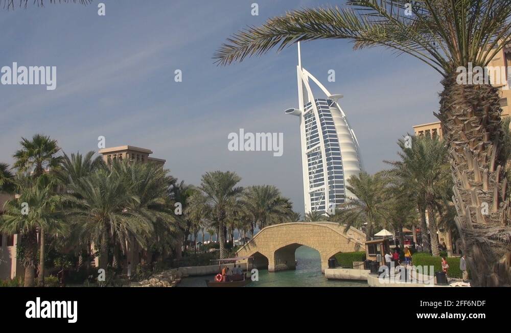 Burj Al Arab paradise palm tree resort Dubai blue sky landmark icon ...