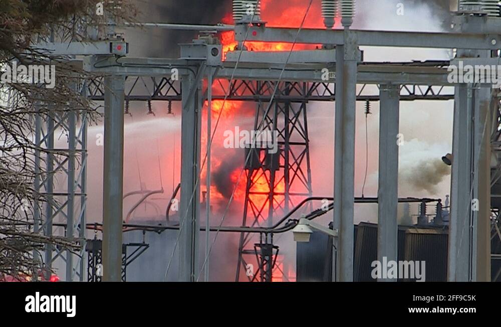 Electrical grid explosion and fire at transformer station Stock Video ...