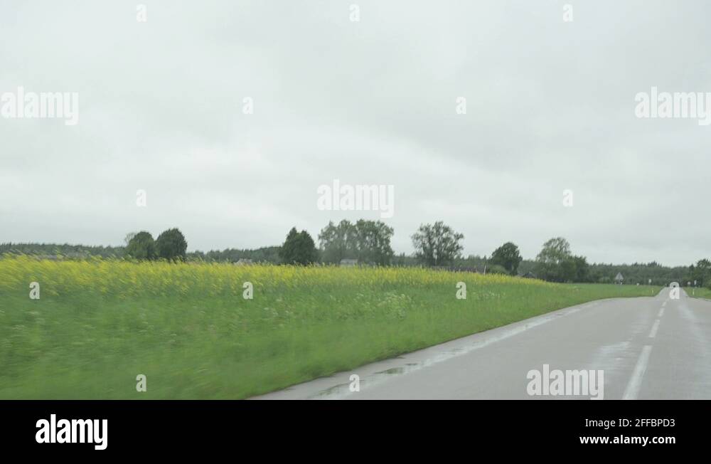 Drive car on rural village road old houses on rainy day Stock Video ...