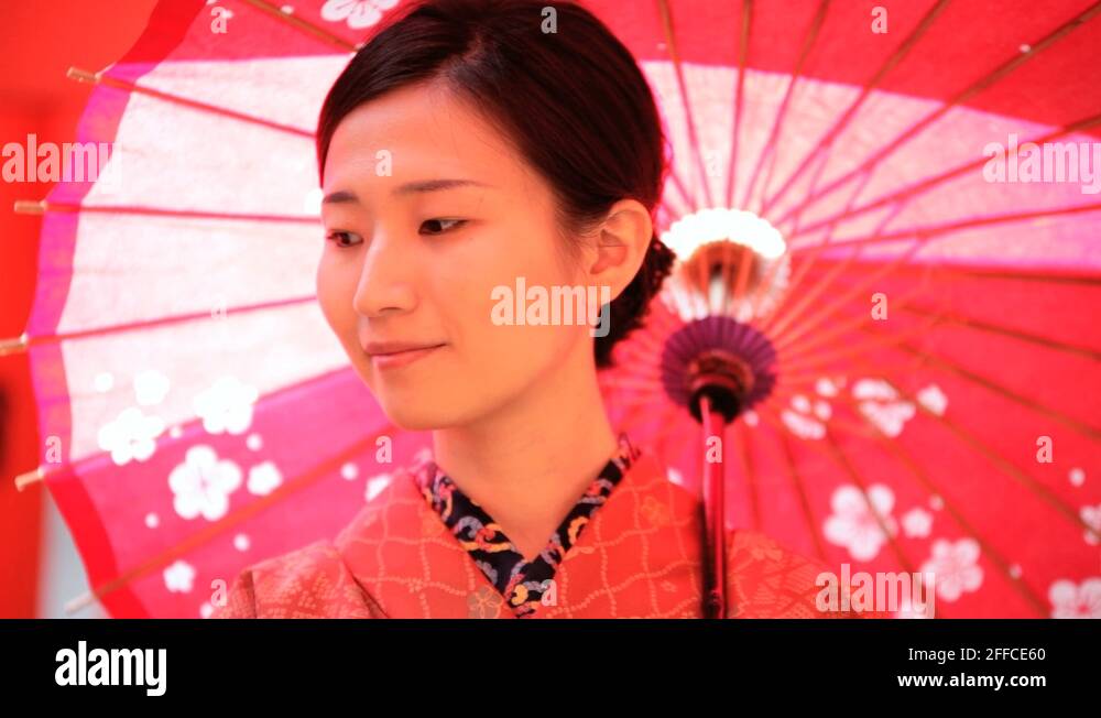 Asian Japanese Girl Traditional Kimono Parasol Outdoors Tourism Stock