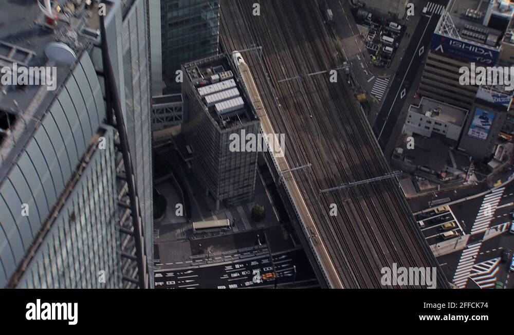 Aerial Shinkansen TGV Bullet train skyscrapers Tokyo Expressway Japan ...
