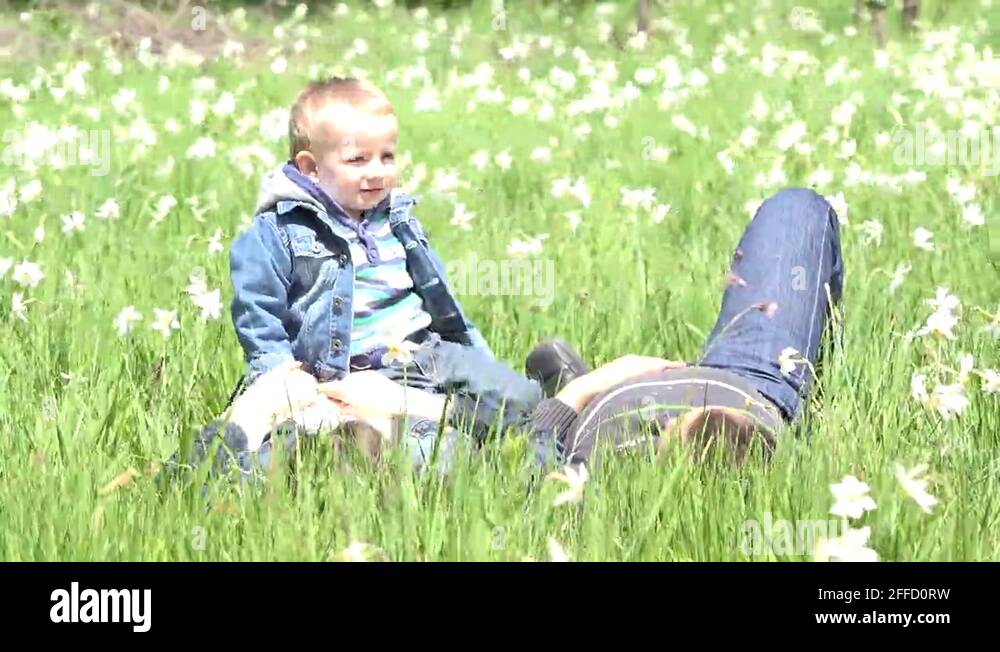 Lovely family scenery, child kissing and climbing his parents, daffodil ...