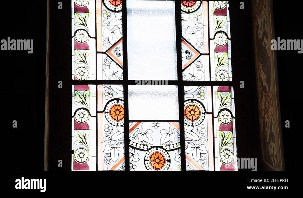 Beautiful old stained glass with floral motive, design, church, window ...
