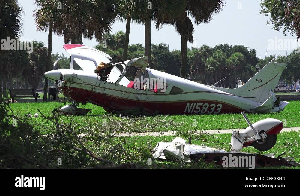 Close Up Plane Crash Wreckage Tropical Palm Trees Debris Broken Wing 4K ...