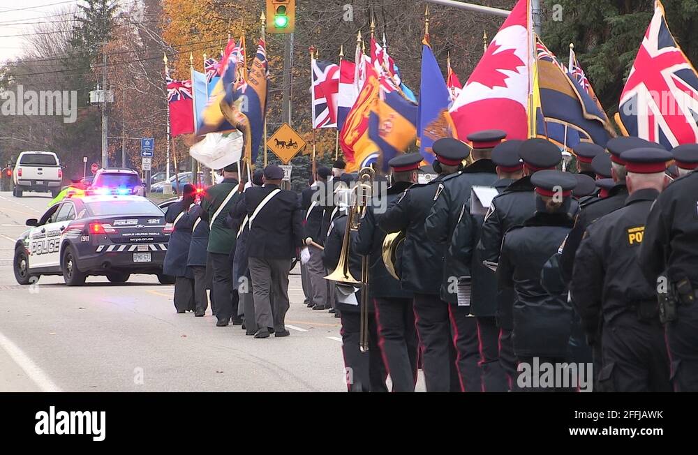 Canadian war veterans and police band march in remembrance parade Stock ...